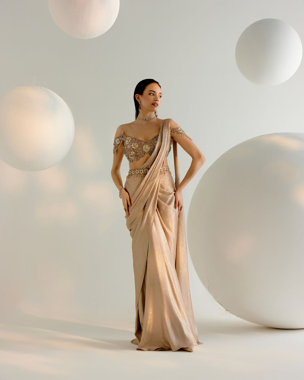 Buy Champagne Cowl Draped Satin Saree with Embroidered Blouse ...